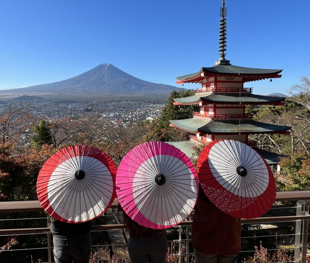 Mt.Fuji, 5storied pagoda with Wagasa ( Japanese parasol),Autumn leaves ...
